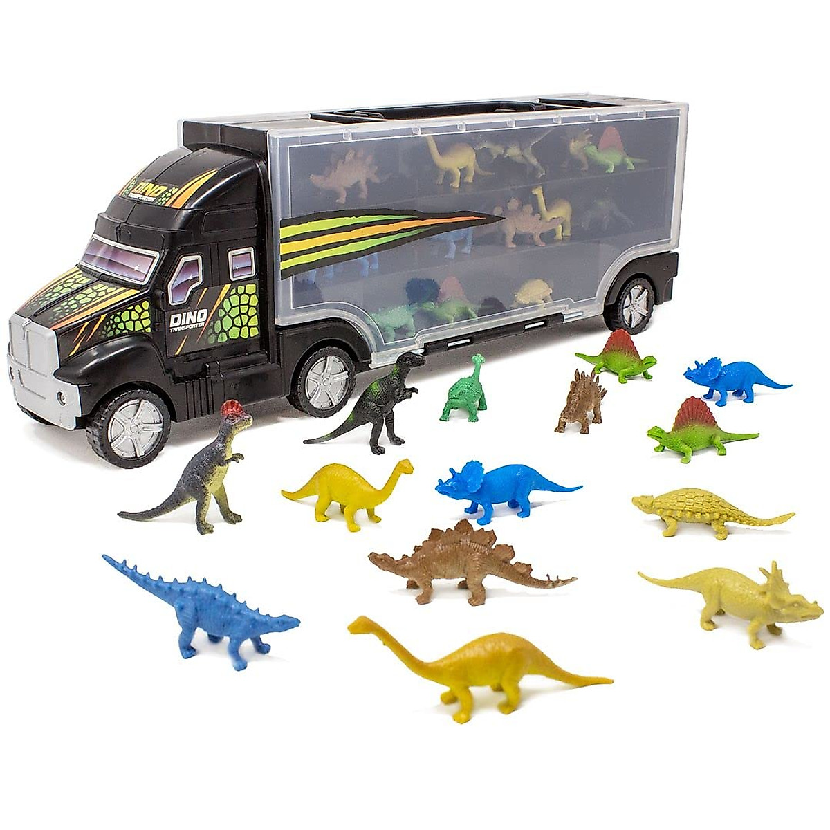 Boley 14 Piece 16" Dinosaur Transport Truck Carrier - Miniature Dino Figures with Semi Truck Trailer Toy - Loadable Miniature Dinosaurs with Portable Truck and Collapsible, Easy-to-Hold Handle