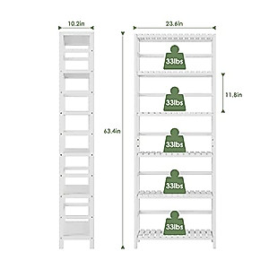 Bamjoy Bookshelf, 6 Tier Bamboo Shelf Adjustable Storage Shelves, Freestanding Tall Shelving Unit Plant Stand for Bathroom Home Office Kitchen Living Room, 23.6W x 10.2D x 63.4H White