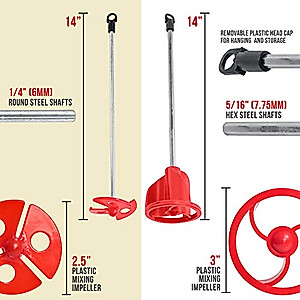 TCP Global 2 Types of Paint, Epoxy Resin, Mud Power Mixer Blade Drill Tools for Mixing Quarts to 2.5 Gallon Buckets - 14" Long, 1/4" Round and 5/16" Hex Shafts, 2.5" and 3" Plastic Paddles - Stirring
