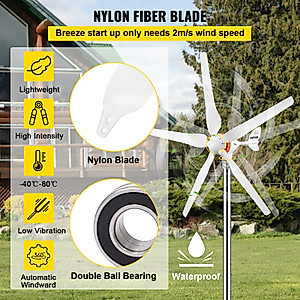 VEVOR Wind Turbine Generator, 12V/24V Wind Turbine Kit, 500W Wind Power Generator with MPPT Controller 5 Blades Auto Adjust Windward Direction Suitable for Terrace, Marine, Motor Home, Chalet, Boat