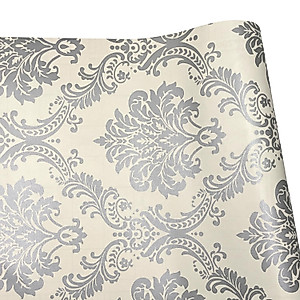 LovingWay Vintage Shelf Liner Self-Adhesive 17.7x177 Inch Drawer Covering PVC Paper Upgrade Old Furnitures Looking Grey Damask