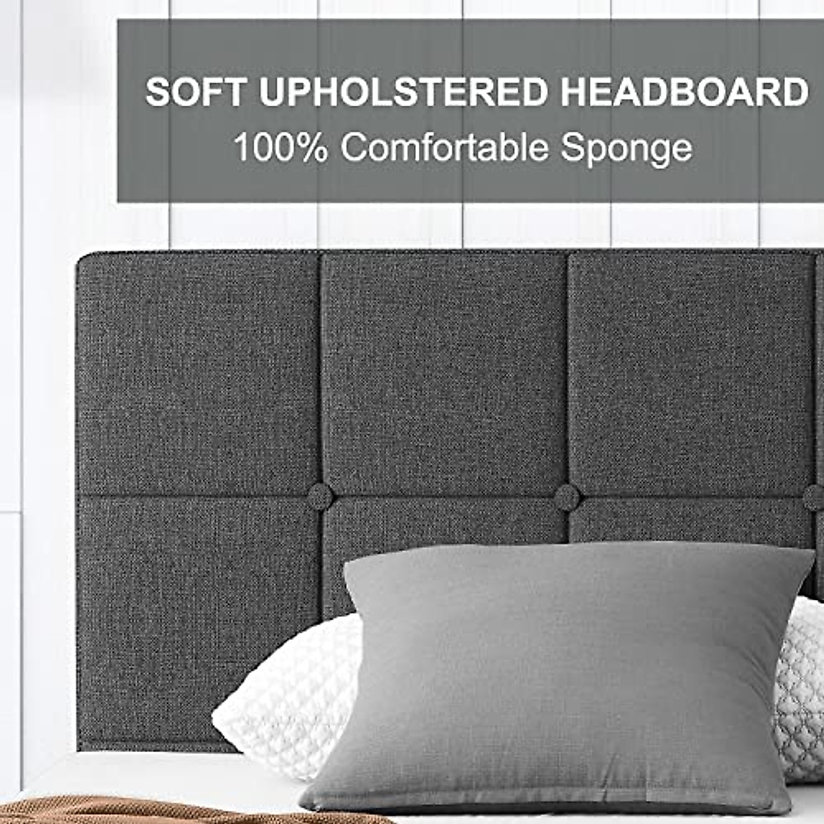 S SECRETLAND Queen Bed with Headboard, Platform Bed with Upholstered Headboard and Wood Slat Support, No Box Spring Needed, Non-Slip Without Noise, Under Bed Storage, Easy Assembly, Grey