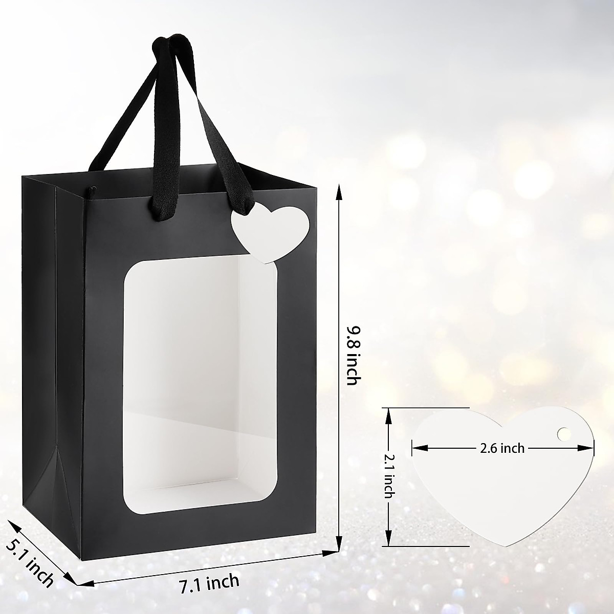 Ocmoiy 12 Pcs Black Kraft Paper Gift Bags with Window, 9.8"x7.1"x5.1" Transparent Window t Gift Bags with Handles for Birthday, Weddings, Festival Party Favor Goodie Bags