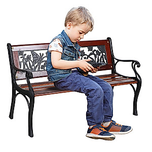 Sophia & William Outdoor Kids Bench Patio Mini Sized Garden Bench with Wooden Seat and Cast Iron Backrest for Porch, Lawn, Backyard and Indoor