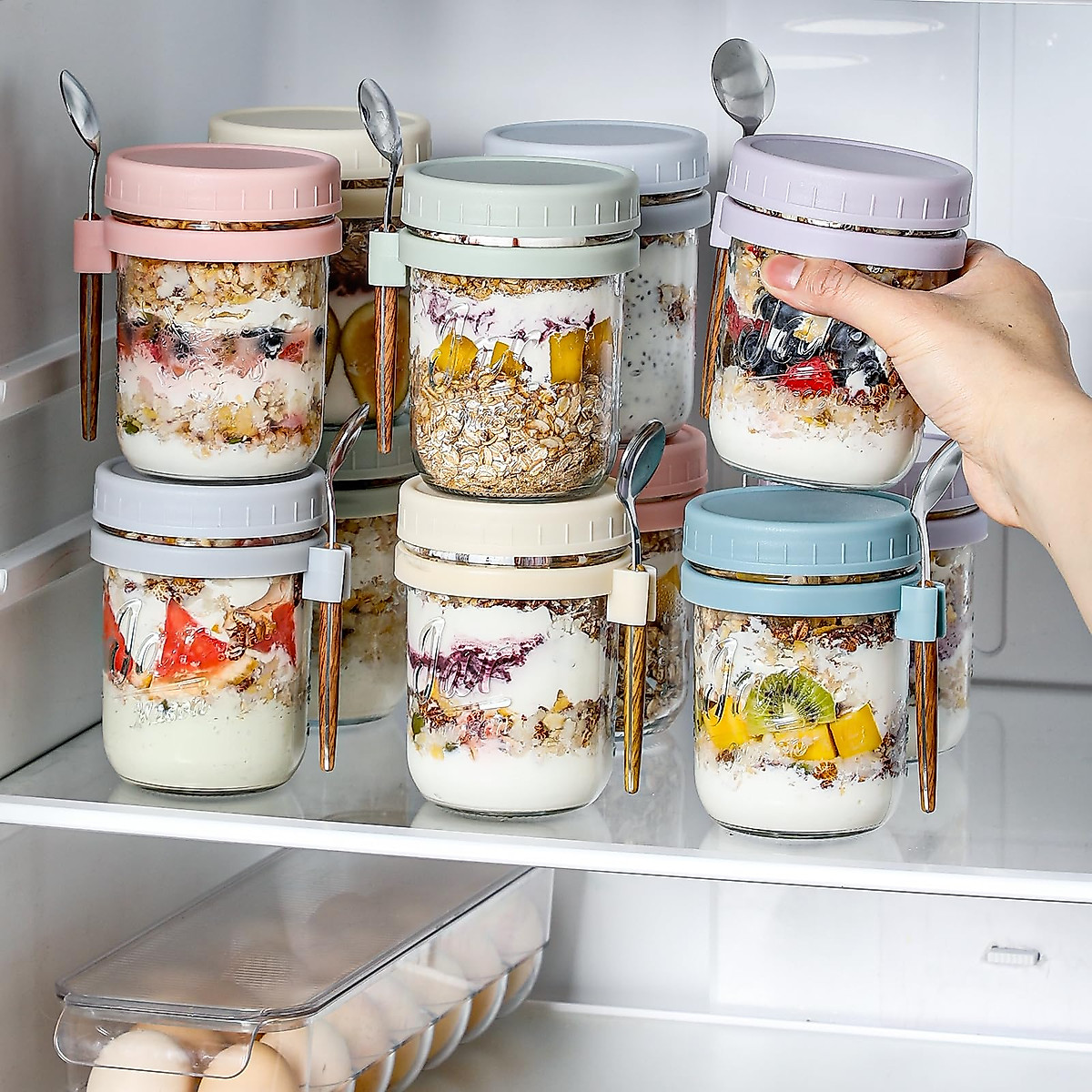 LANDNEOO 6 Pack Overnight Oats Containers with Lids and Spoons, 16 oz Glass Mason Overnight Oats Jars, Large Capacity Airtight Jars for Milk, Cereal, Fruit