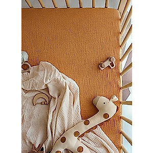 Muslin Crib Sheets for Girls and Boys, Cotton Boho Neutral Fitted Baby Crib Sheet for Standard Crib Mattress & Toddler Bed Mattress (52"x28"), Soft and Breathable, 2 Pack (Retro Yellow&Beige)