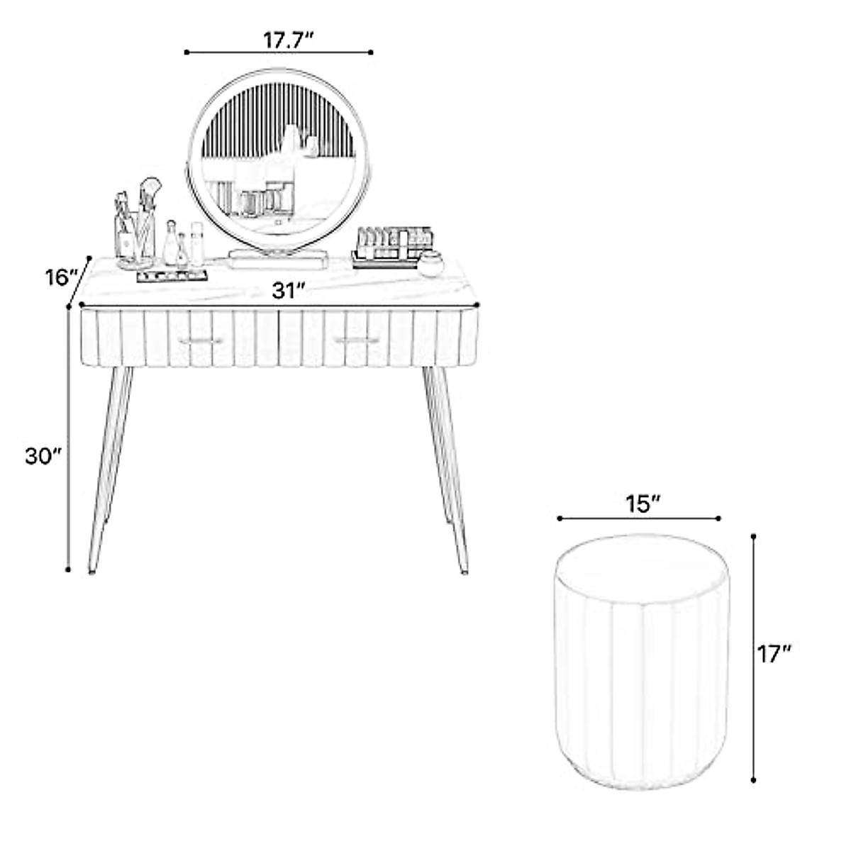 Large Vanity Desk With Round Mirror And Lights Makeup Table With 2 Drawers Dressing Table For Bedroom Golden Metal Legs Make Up Tables For Women Makeup Vanity Desk Set With Vanity Chair ( Color : Whit