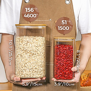 ComSaf Glass Pantry Storage Containers, 156/51 oz Large Square Flour and Sugar Containers with Airtight Lids, Gallon Glass Jars with Bamboo Lids for Rice, Pasta, Cookies, Coffee Beans