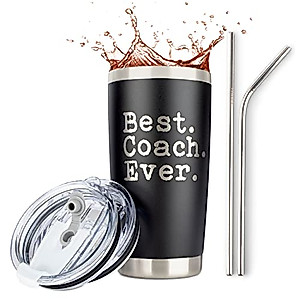 JENVIO Coach Gifts | Best Coach Ever | Stainless Steel Travel Tumbler Coffee Mug with 2 Lids and 2 Straws - Football | Soccer | Tennis Cross Country Appreciation (20 Ounce Black)