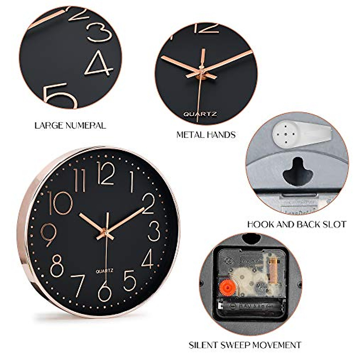 JINMA 12 Inch Modern Wall Clock Silent Non Ticking Easy to Read Decorative Wall Clocks for Living Room Decor Home Office Kitche (Black Rose Gold)