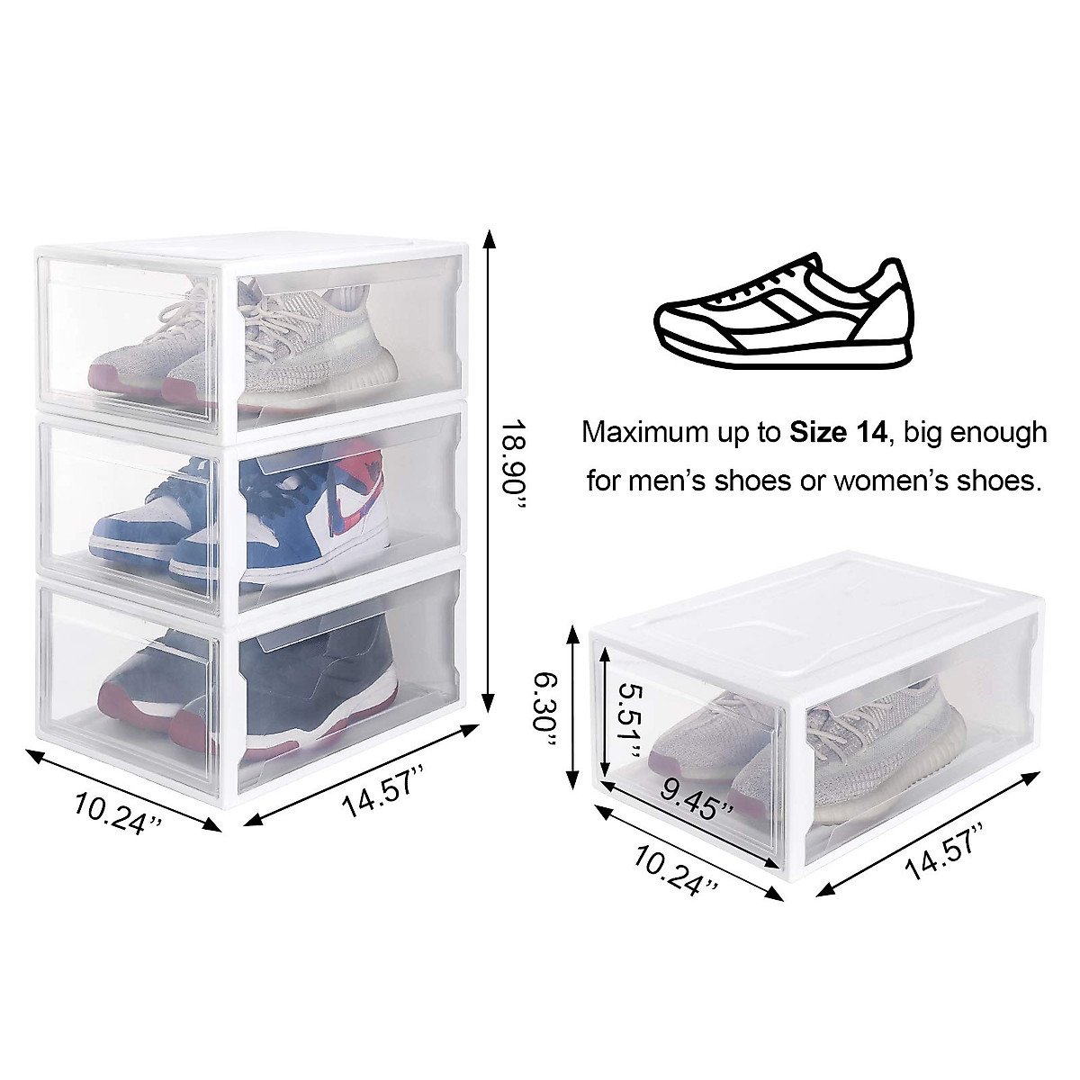 Homde Reinforced Shoe Boxes Pack of 3 Stackable Shoe Storage Rack White Frame with Clear Body (Large)