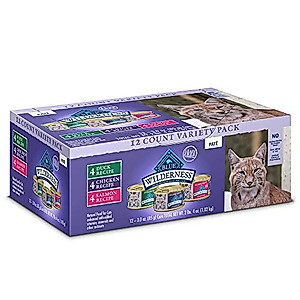 Blue Buffalo Wilderness High Protein, Natural Adult Pate Wet Cat Food Variety Pack, Chicken, Salmon, Duck 3-oz Cans (12 Count- 4 of Each Flavor)