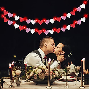 2 Pieces Heart Garland Banner for Valentines Day with Red Led Lights Decorations Red Pink White Heart Felt Banners Garland for Fireplace, Anniversary, Wedding, Engagement Party Home Decor (Style 2)