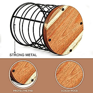 Utensil Holder for Kitchen Counter, Black Metal Wire Cooking Utensil Holder with Acacia Wooden Base, Large Kitchen Utensil Holder for Countertop