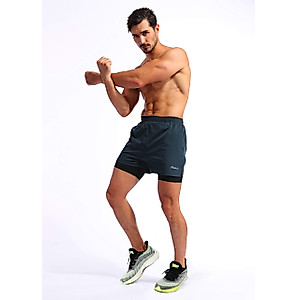 Pudolla Men’s 2 in 1 Running Shorts 5" Quick Dry Gym Athletic Workout Shorts for Men with Phone Pockets(Navy Blue Small)