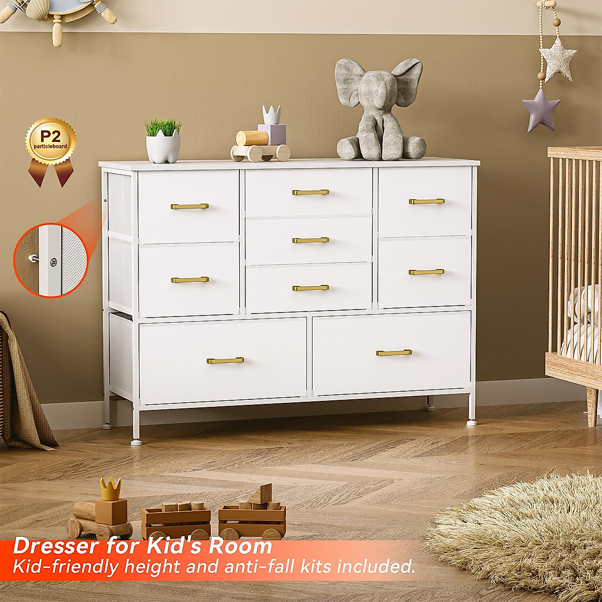 YILQQPER Wide Dresser for Bedroom TV Stand Entertainment Center with Large Chest of 9 Drawers for 50'' TV with Leather Front, Metal Handles for Closet, Entryway, Living Room, Glacier White