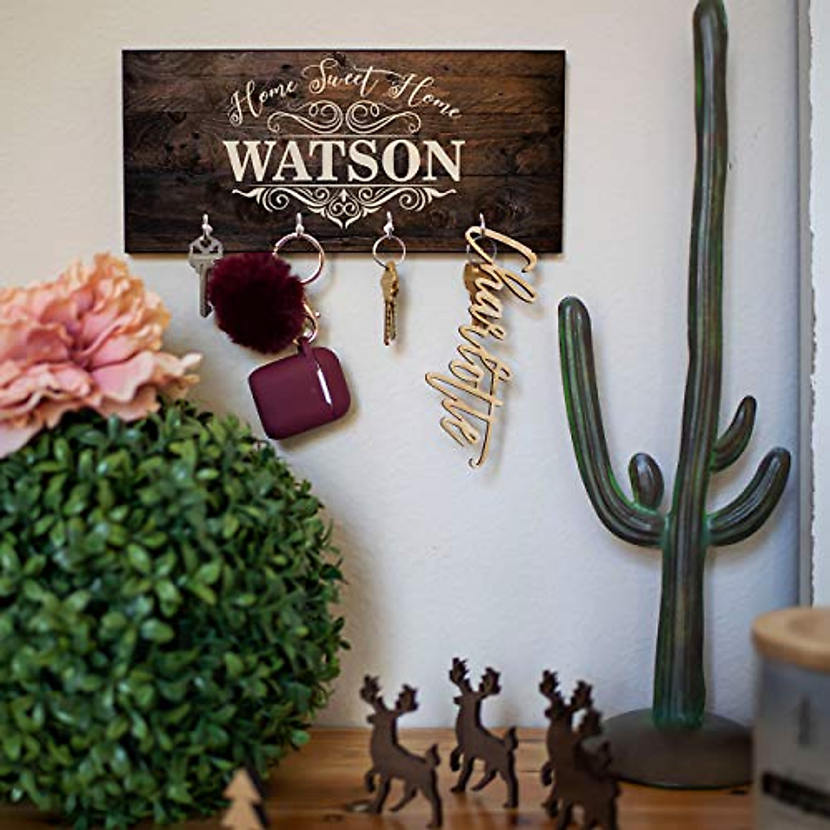 Key Hangers for Wall, Personalized Text Option w/Elegant 12 Design, 3 Wood Options, House Warming Present for New Home, Mr Mrs Wedding Gift for Couple, Custom Key Ring Holder for Wall - Key Rack