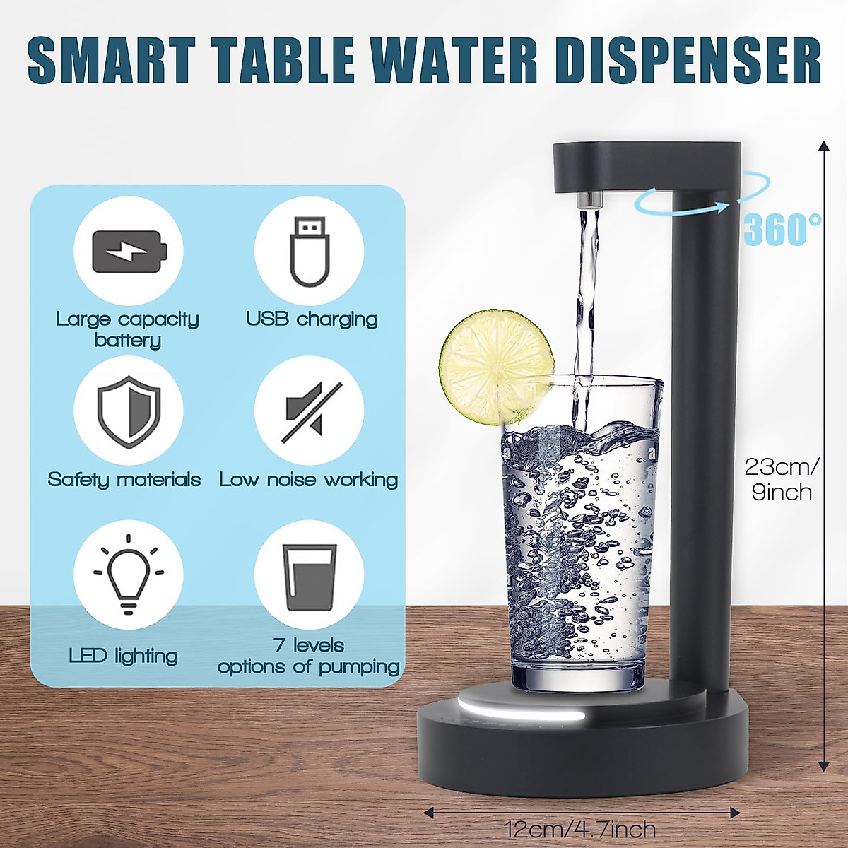 LED Bedside Water Dispenser,Desktop Water Bottle Dispenser,New Upgrade LED Light and Touch Buttons, Portable 5 Gallon Water Dispenser,with 7 Levels Pumping and Light,Suitable for Home, Office,