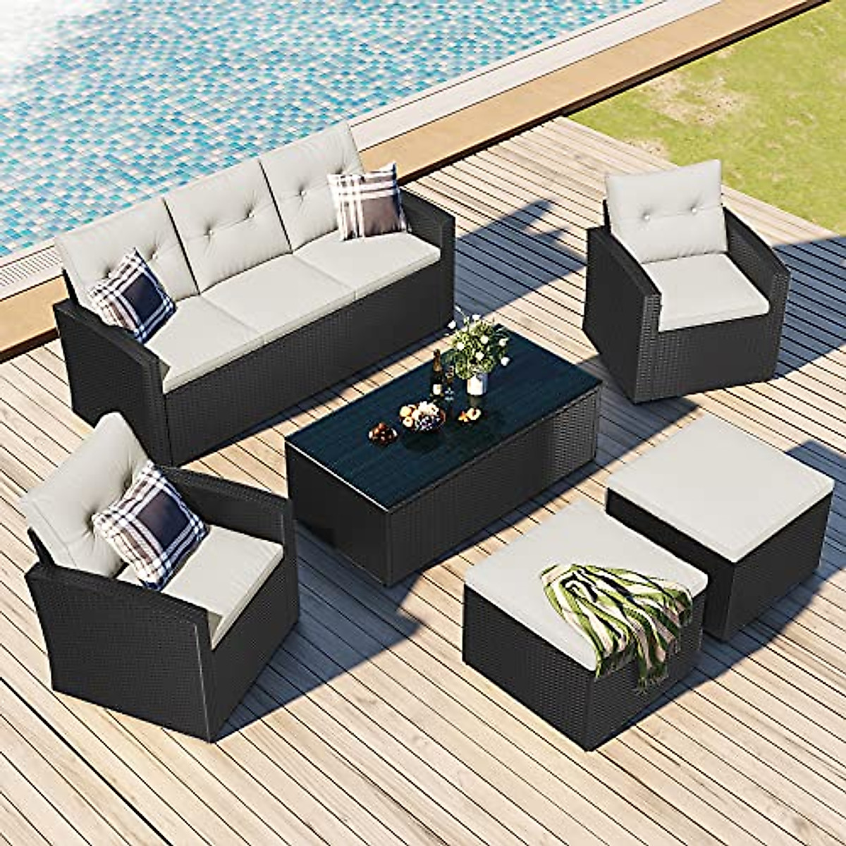 MENGK 6-Piece All-Weather Wicker PE Rattan Patio Outdoor Dining Conversation Sectional Set with Coffee Table, Wicker Sofas, Ottomans, Removable Cushions (Black Wicker, Beige Cushion)