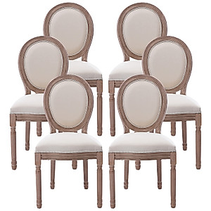 Nrizc French Dining Chairs Set of 6, French Country, Vintage Farmhouse Dining Chairs with Round Back, Solid Wood Beige Fabric Dining Room Chairs, for Kitchen, Bedroom
