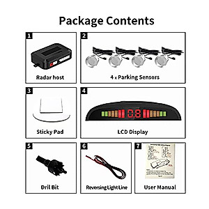 EKYLIN Car Auto Vehicle Reverse Backup Radar System with 4 Parking Sensors Distance Detection + LED Distance Display + Sound Warning (Silver Color)