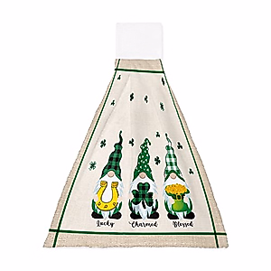 Kitchen Hanging Towel, Hand Towels with Loop Vintage Irish Lucky Gnome 1 Pack Soft Absorbent Tie Towel for Bathroom St. Patrick's Day Clovers on Chic Linen Tea Bar Dish Cloths Home Cleaning Terry