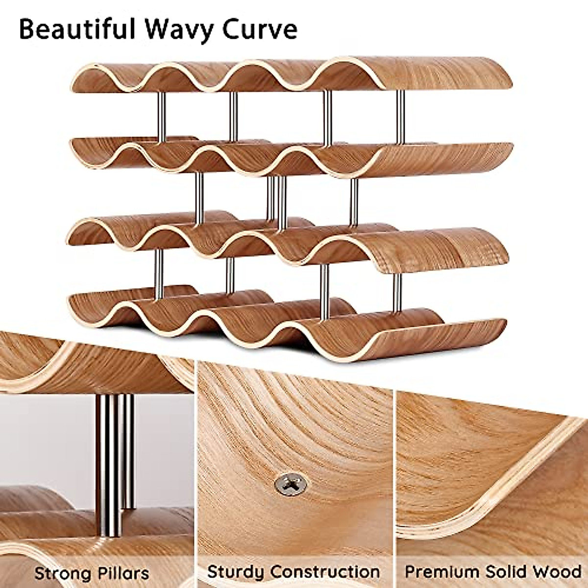 TRUDING Countertop Wine Rack - 14 Bottle Freestanding Wine Bottle Holder Stand - 4 Tier Wooden Wine Storage Rack - Wavy Wine Organizer for Cabinet Pantry Home Kitchen Bar
