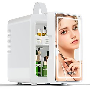 BOGDA 4L Mini Skincare Fridge with Dimmable LED Light Mirror, Cooler and Warmer Temperature Control Digital Display, Portable Cosmetic Refrigerator for Makeup, Skin Care, Bedroom Office Car, White