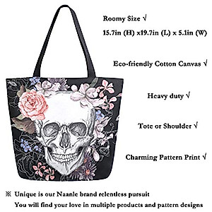 Naanle Day of The Dead Canvas Tote Bag Large Women Casual Shoulder Bag Handbag, Floral Skull Reusable Multipurpose Heavy Duty Shopping Grocery Cotton Bag for Outdoors.
