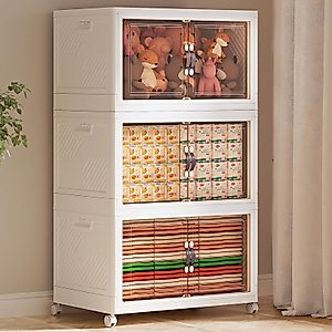 102GAL /408QT Storage Bins with Lids, Stackable Storage Bins with Doors and Wheels, Closet Organizers and Storage, Plastic Folding Storage Cabinet, Large Collapsible Storage for Home Office Dorm Room