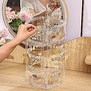360 Rotating Earring Holder Organizer and Jewelry Displays,Clear Dangle Earinging Rack Necklace Bracelet Carousel Tree Towers,4 Tier Hanging Earring Display Stands for Necklaces Earrings Piercings
