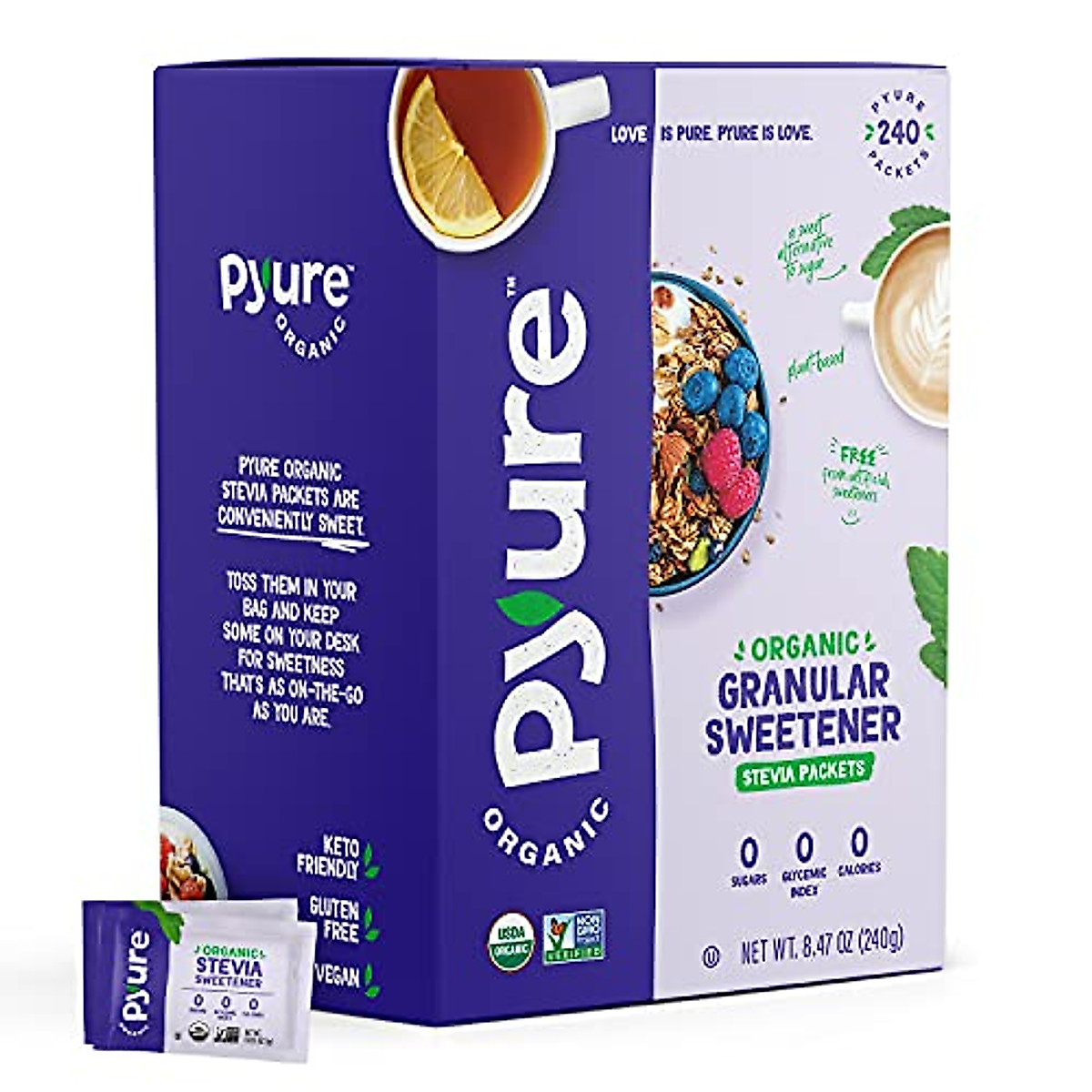 Pyure Organic Stevia Packets | Granulated Sugar Packets - White Sugar Substitute | Zero Carb, Zero Sugar, Zero Calorie Sweetener Packets | Plant-Based Stevia Packets for Keto Coffee | 240 Count