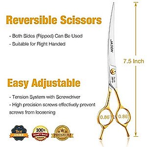 JASON 7.5" Curved Dog Grooming Scissors, Cats Grooming Shears Pets Trimming Kit for Right Handed Groomers, Sharp, Comfortable, Light-Weight Shear