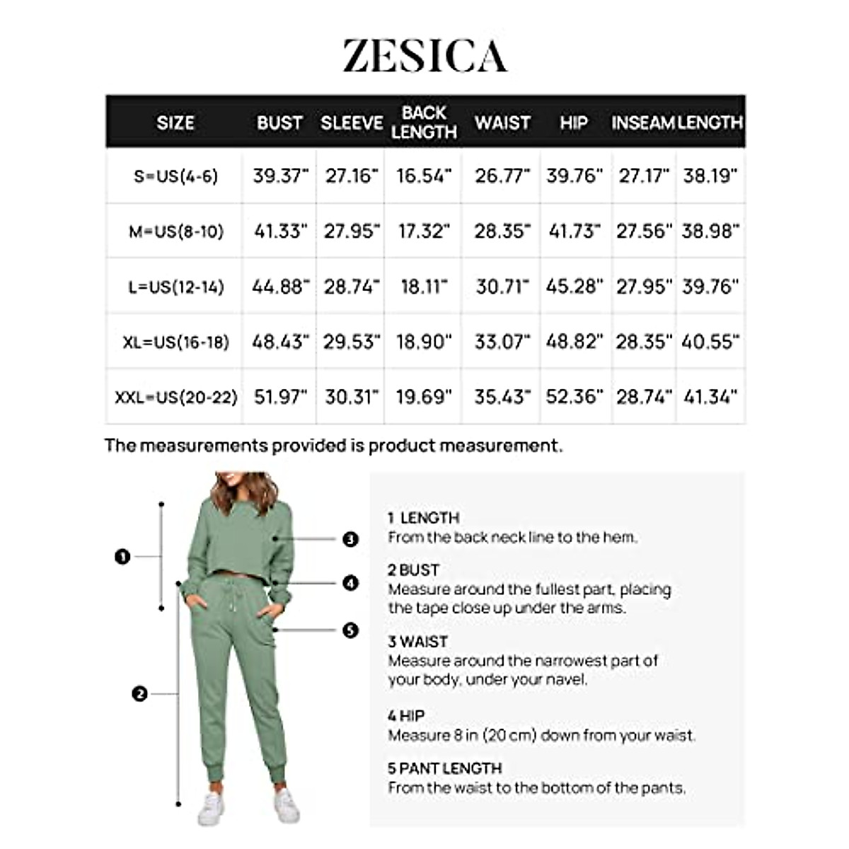 ZESICA Women's Long Sleeve Crop Top and Pants Pajama Sets 2 Piece Jogger Long Sleepwear Loungewear Pjs Sets,Green,Large