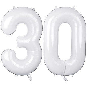 40 Inch White 30 Number Balloons, Jumbo Foil Balloons for 30th Birthday Party Decorations Supplies / 30th Anniversary Event