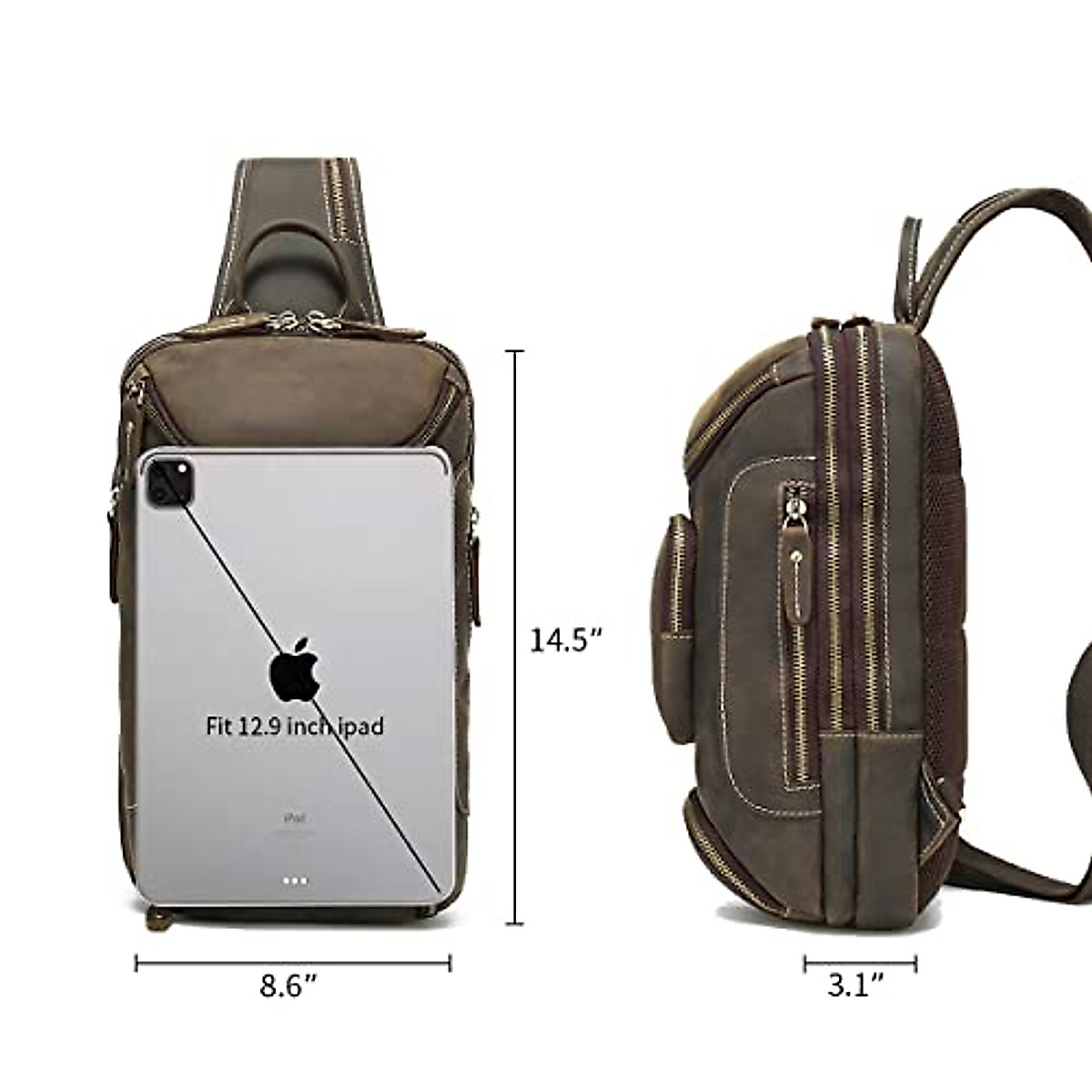 Hespary Leather sling bag crossbody shoulder backpack daypacks for men travel hiking fit 12.9" ipad