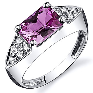 PEORA Created Pink Sapphire Statement Ring in Sterling Silver, Elegant Linear Design, Radiant Cut, 8x6mm, 2 Carats total, Comfort Fit, Size 9