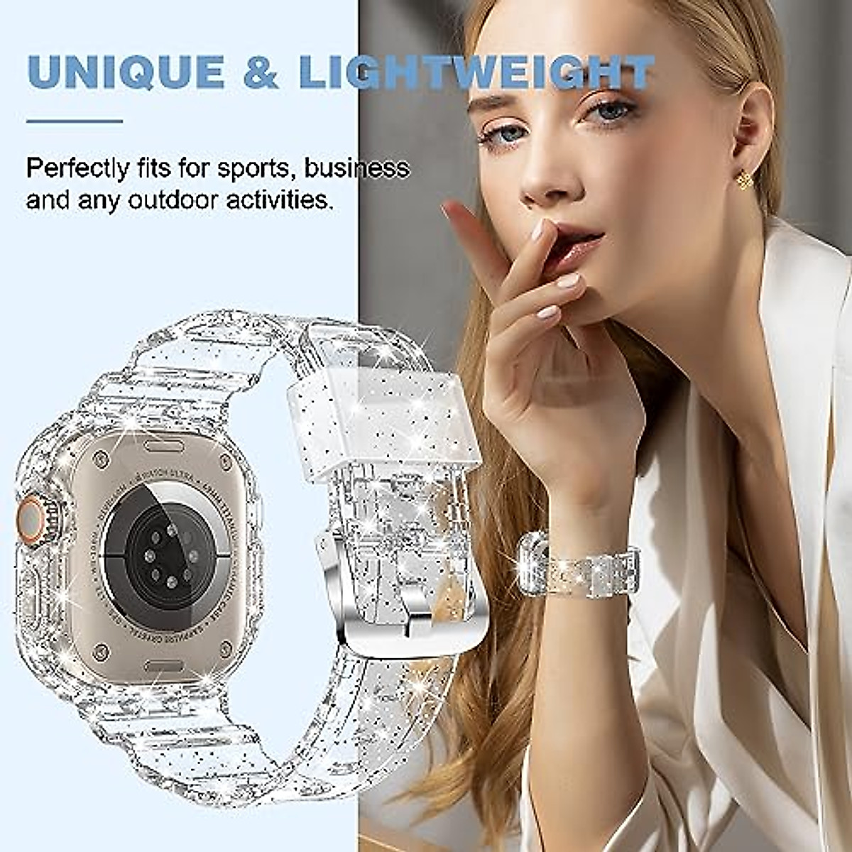 XYF Compatible for Crystal Clear Apple Watch Ultra 2 Bands, 49mm Bumper Case Men Women Jelly Cover Strap for iWatch Ultra 2/1 Series 9 8 7 SE 6 5 4 3 2 1 (Glitter Clear, 49)