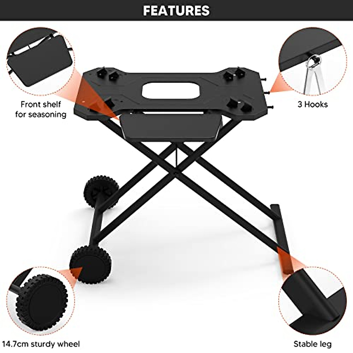 Stanbroil Collapsible Grill Cart for Blackstone 17/22 Inch Griddle, Upgraded Outdoor Griddle Stand with Hooks and Folding Shelf, Comes in One Piece, Stable and Sturdy