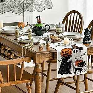 Artoid Mode Ghost Spooky Jack-O'-Lantern Pumpkin Halloween Table Runner, Black Cat Kitchen Dining Table Decoration for Home Party Decor 13x72 Inch