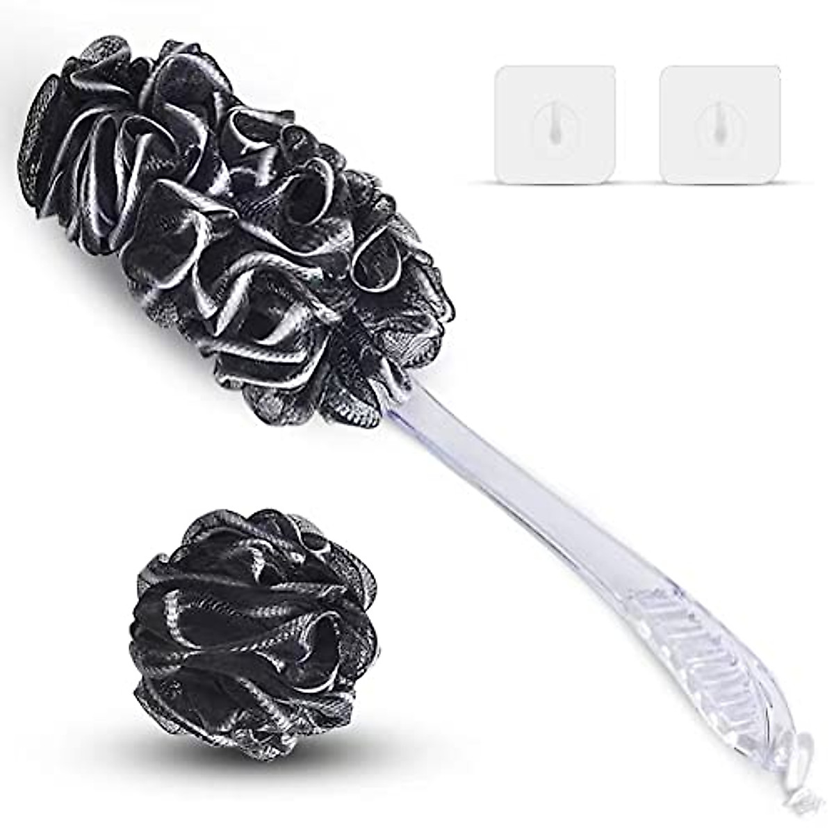 Loofah-Charcoal Back-Scrubber-Bath Sponges-Long Handled Shower Sponge-Loofah On a Stick- 1 Long Handle Back Brush, 1 Large Soft Mesh Poufs and 2 Hook for Men and Women