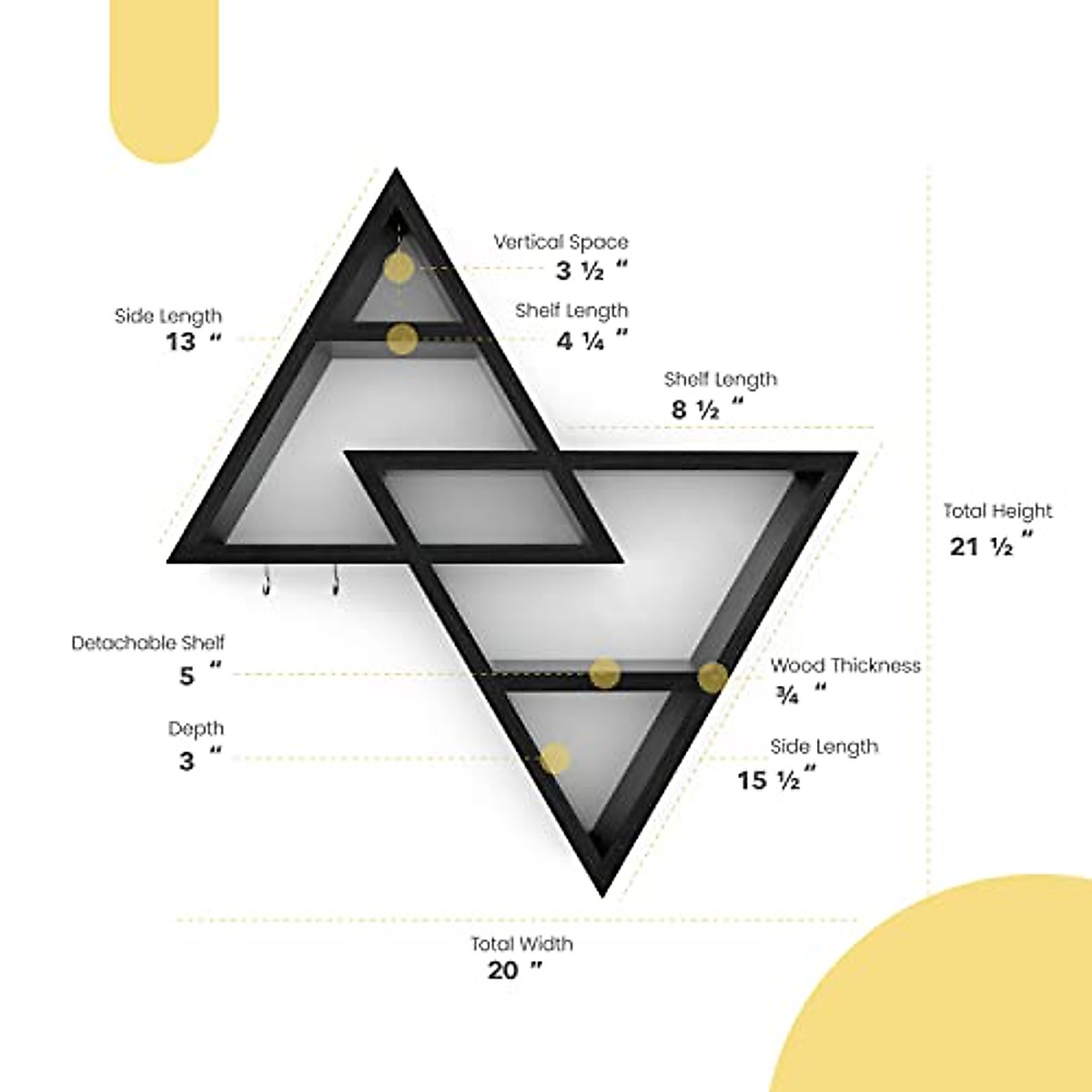 Rustic Curiosities Large Triangle Shelf - Crystal Display Altar Shelf for Stones, Essential Oils, and More 21.5 X 20 Inches (Black, Left Triangle Up)