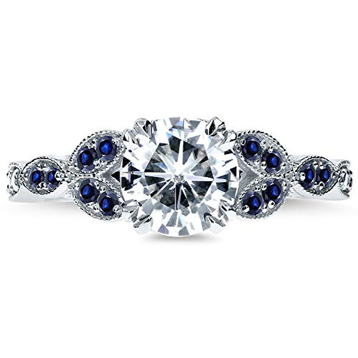 Forever One D-F Moissanite & Blue Sapphire Engagement Ring 1 1/5 Carats TW in 14k White Gold, Size 7, White Gold