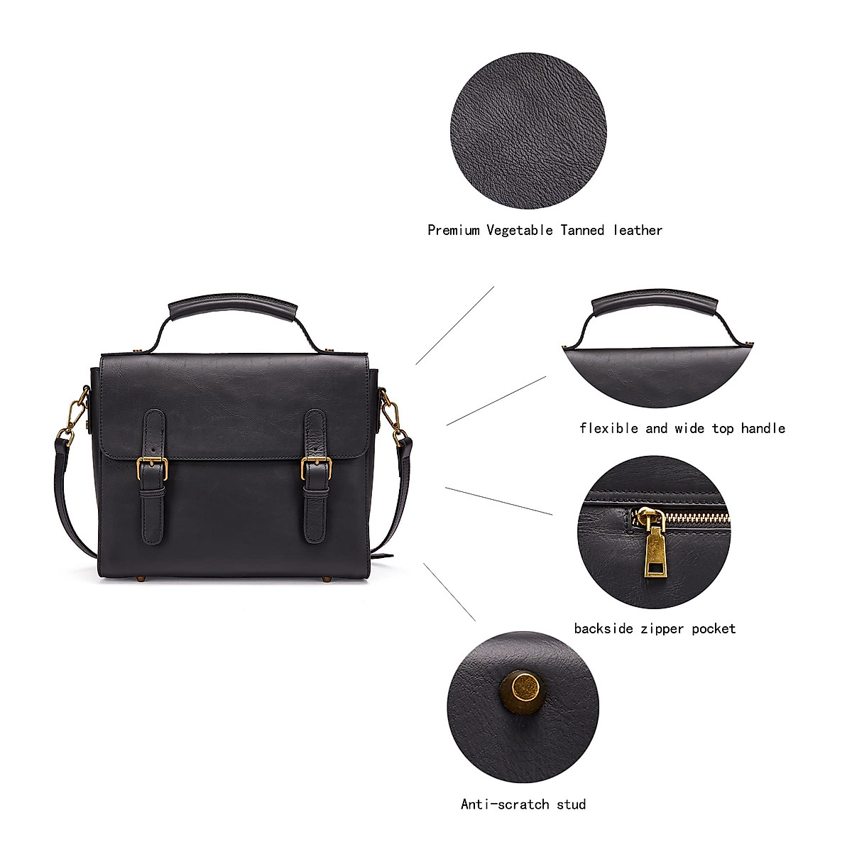 Vintage Leather Messenger Bag For Women Top Handle Shoulder Handbags Fit A4 Paper (Black)