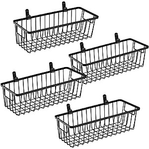 Farmhouse Metal Wire Bin Basket with Wall Mount - Small, 4 Pack - Portable Hanging Wall Basket, Rustic Home Storage Organizer for Cabinets, Pantry, Closets, Bathroom, Kitchen,Bedroom(Black)