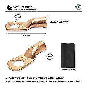 Ring Terminal Connectors Battery Wire Lugs Pure Copper Heavy Duty Cable Ends with Heat Shrink Tube 2AWG 4AWG 6AWG 8AWG (4AWG 3/8" Ring)
