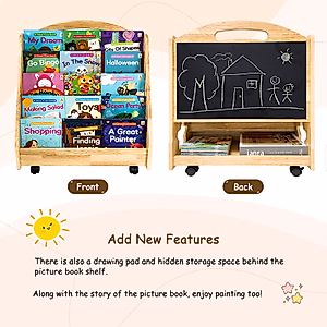 Montessori Bookshelf for Toddler 1-5 Years, 5 Tier Front-Facing Natural Wood Kids Bookcase with Handle and Wheels, Children's Storage Magazine Rack with Chalkboard for Nursery, Classroom, Playroom