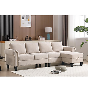 Ball & Cast 106" Convertible Sectional Sofa with Storage Chaise, Linen Upholstered 4 Seater Couch with Back Cushions and Removable Ottoman for Living Room, Apartment, Office,Beige