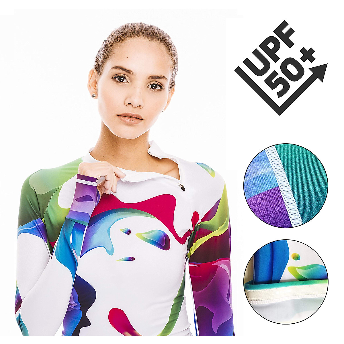 Platinum Sun Rash Guard for Women UPF 50+ SPF & UV Protection Clothing Long Sleeve Top Swim Shirt with Zipper Hiking (Rainbow 50, M)