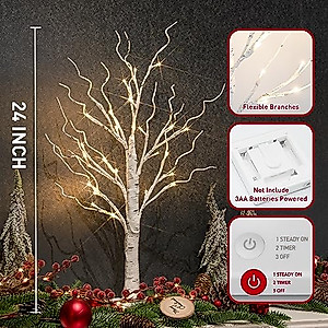 Vanthylit Tabletop Christmas Tree, White Birch Tree with LED Lights- Set of 2, Warm White Small Tree Lights Battery Powered Timer, Lighted Tree for Mantle Christmas Decorations (2FT, 24LED)